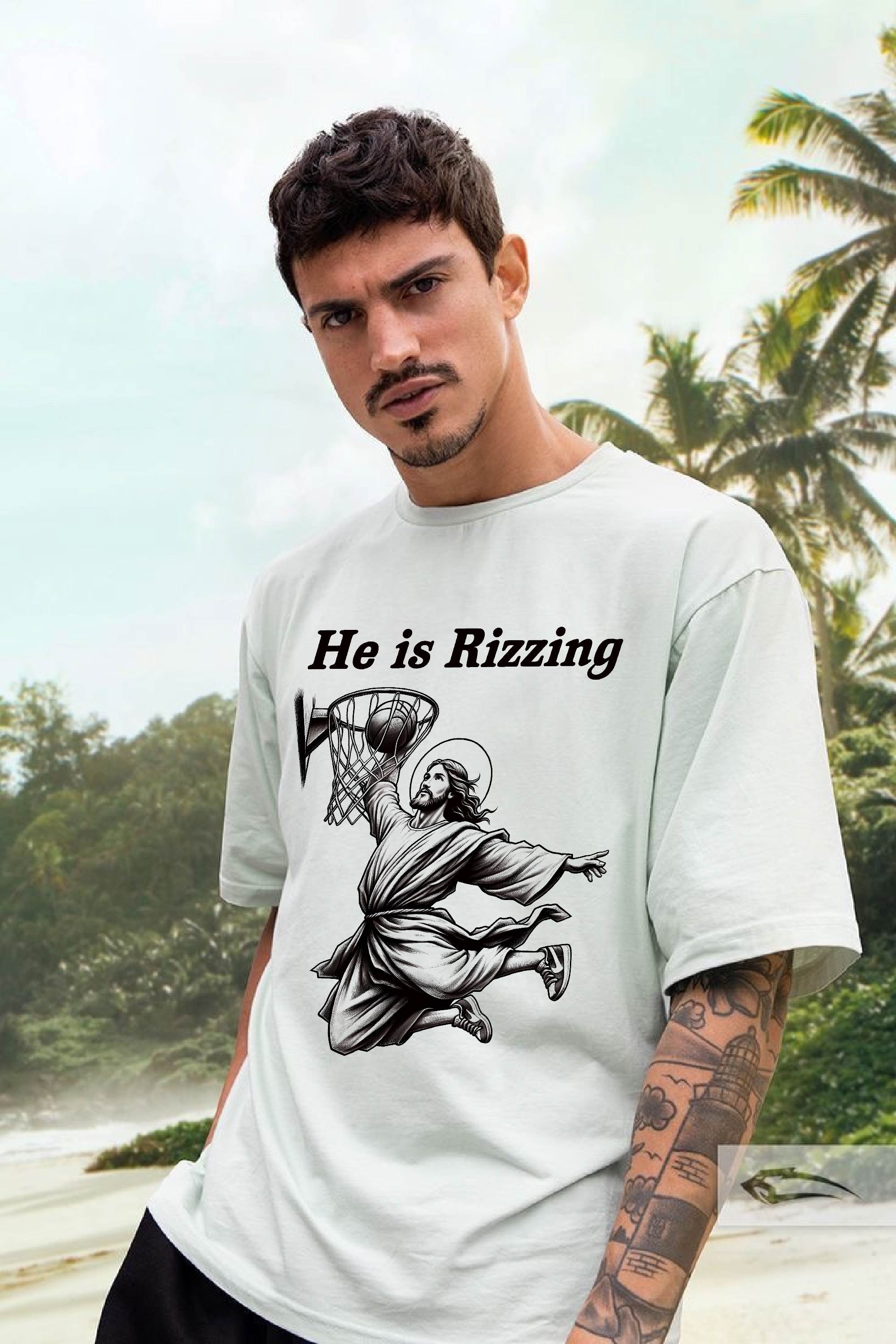 He is Rizzing Basketball Tee: Hilarious Easter Christian Shirt | March ...