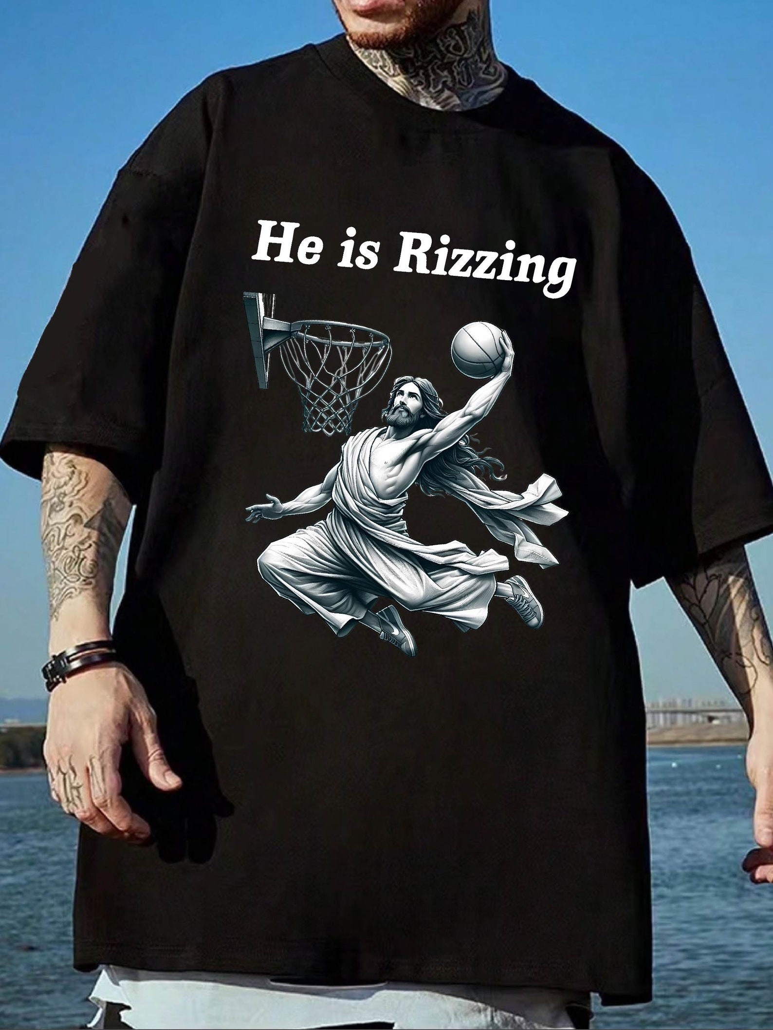 He is Rizzing Basketball Tee: Hilarious Easter Christian Shirt | March ...