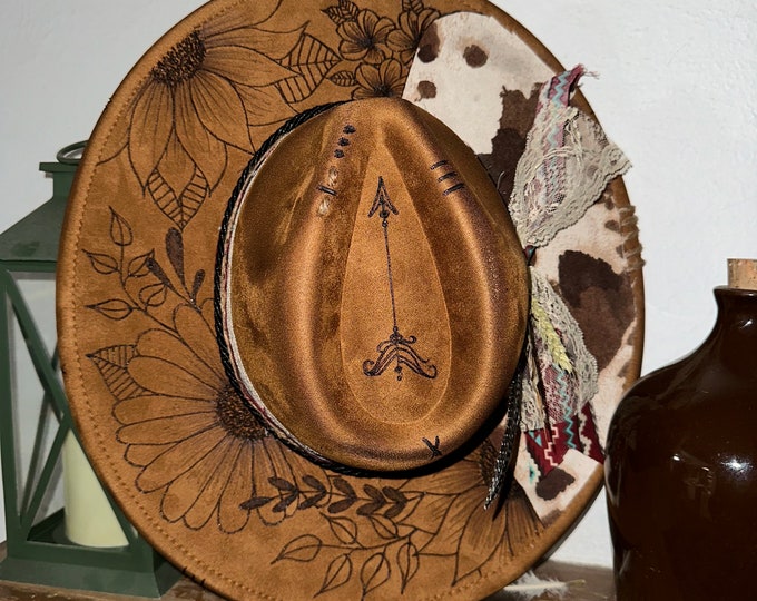 Custom Fedora Hat, Wide Brim Fedora, Western Hat, Hand-painted Flowers, Bridal Party Gift ...