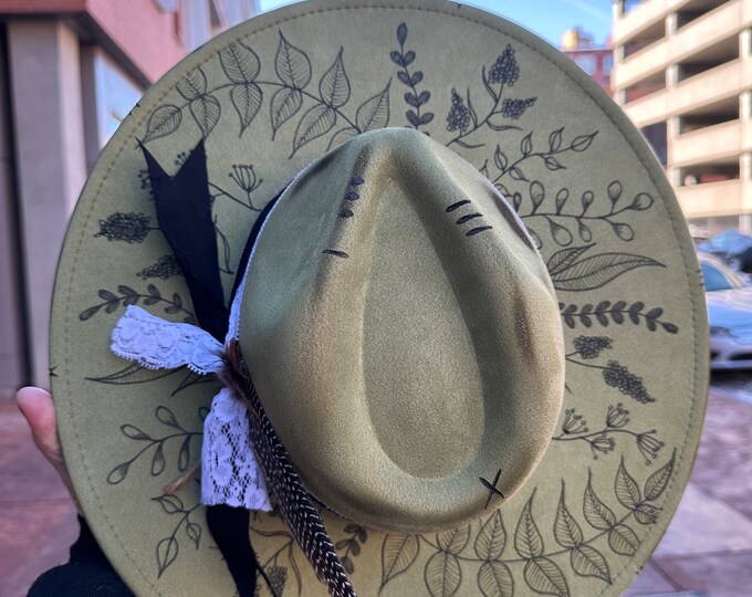 CUSTOM HAND BURNED Wide Brim Hat Bride Branded Hat Flowers and Leaves Burned Hat Western Hat - Etsy