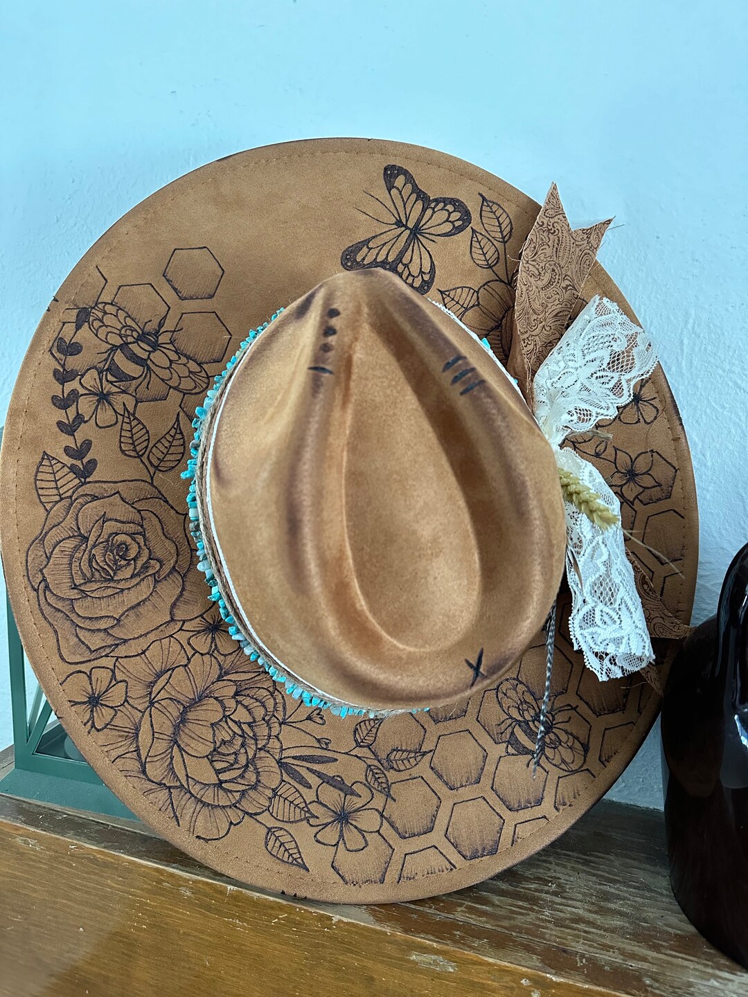 CUSTOM HAND BURNED Wide Brim Hat | Branded Hat | Flowers and Leaves | Burned Hat | Western Hat ...