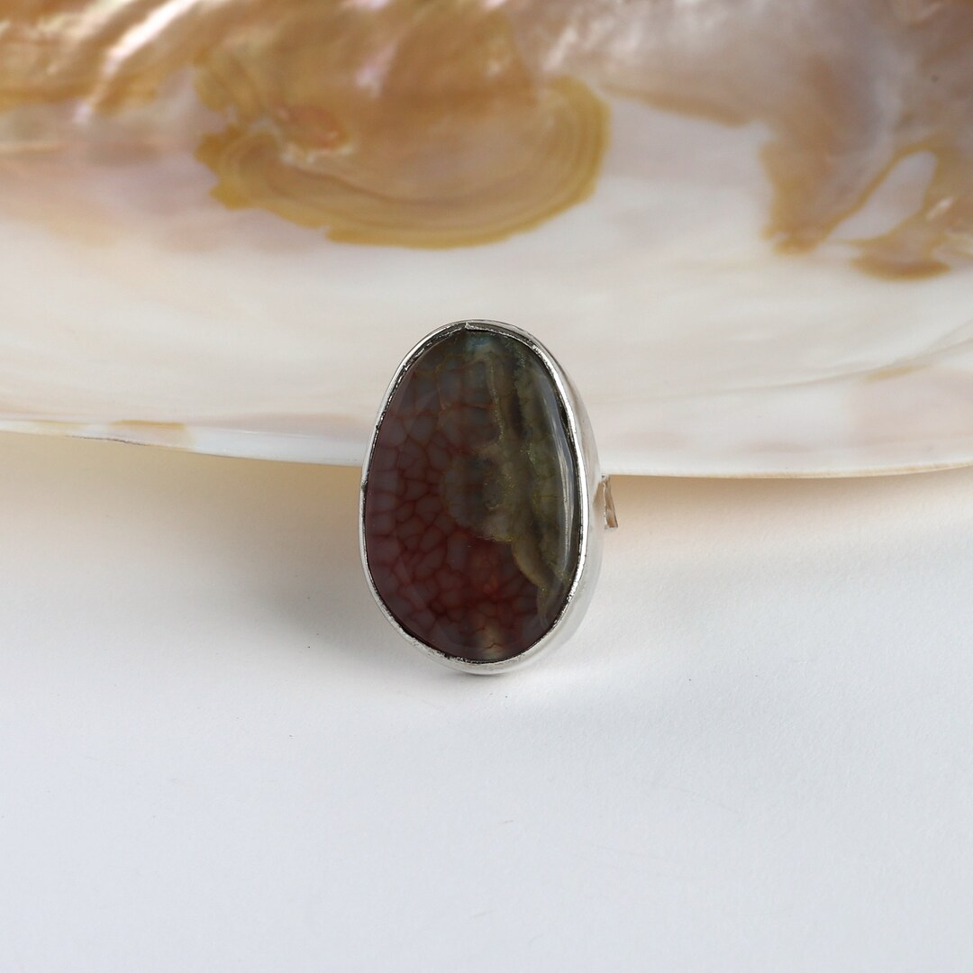 Green Lace Agate Statement Ring: Silver Plated Copper, Adjustable Boho ...
