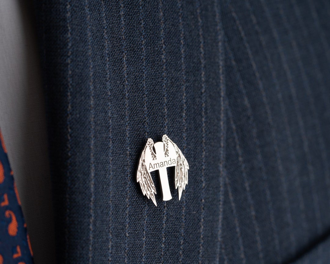 Personalized Name Angel Wings Cross Lapel Pin, Mourning Brooch ...