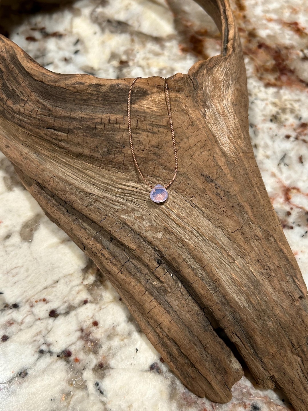 Lavender Opal Hydro Quartz Hearts Necklace, Silk Cord, Sterling Clasp ...
