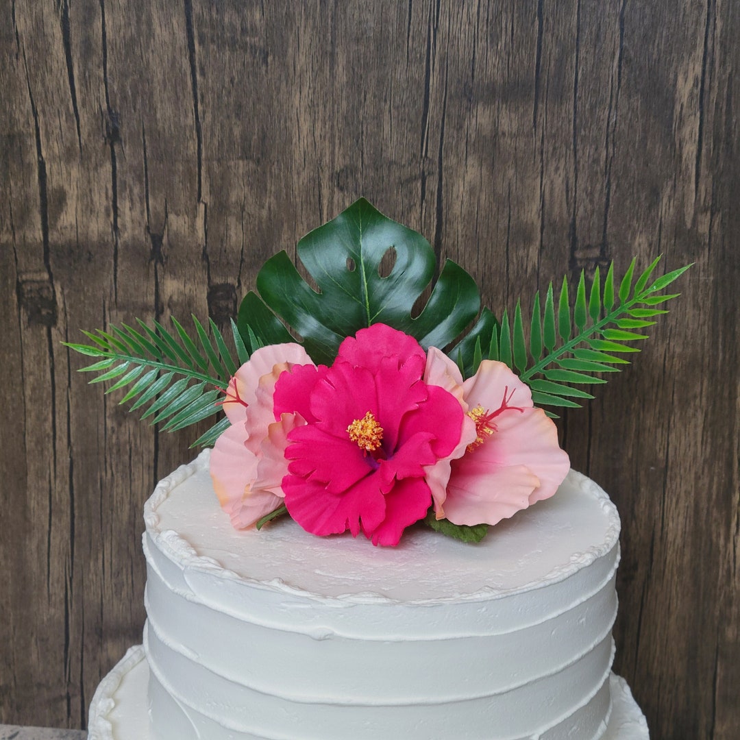 Tropical Cake Topper, Hibiscus Flowers Palm Leaves Monstera Leaves Cake ...