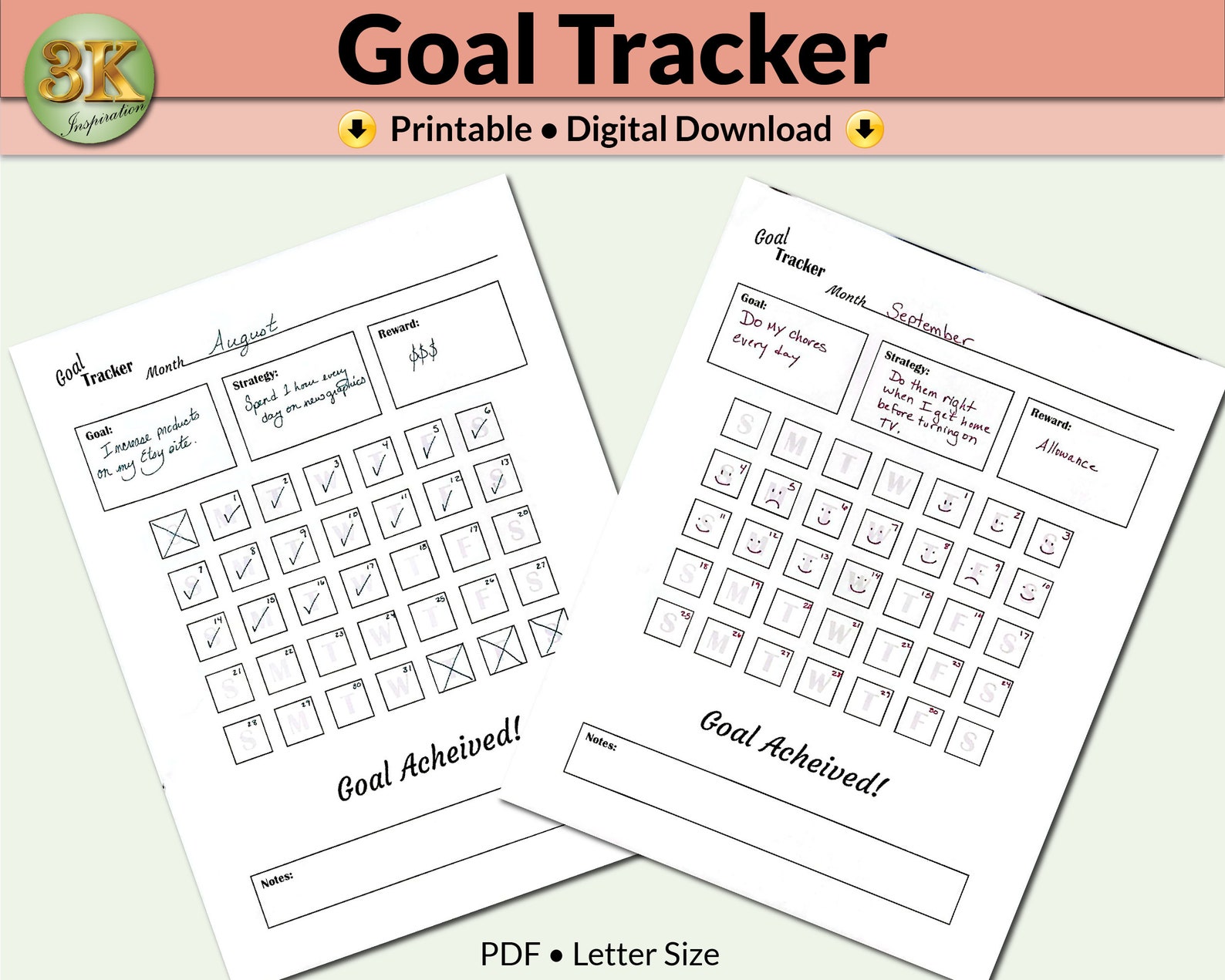 Printable Goal Tracker, Digital Download, Habit Tracker, Monthly Goal ...