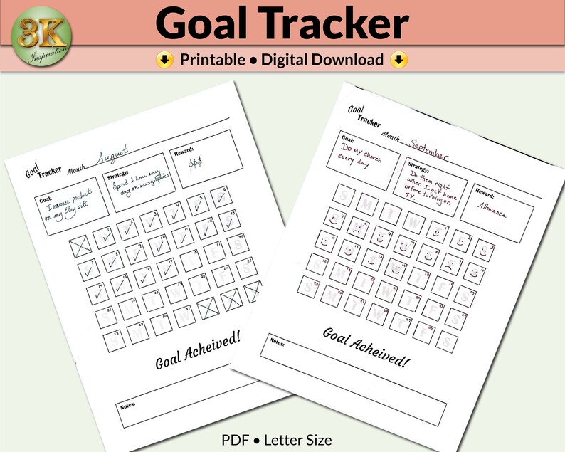 Printable Goal Tracker, Digital Download, Habit Tracker, Monthly Goal ...