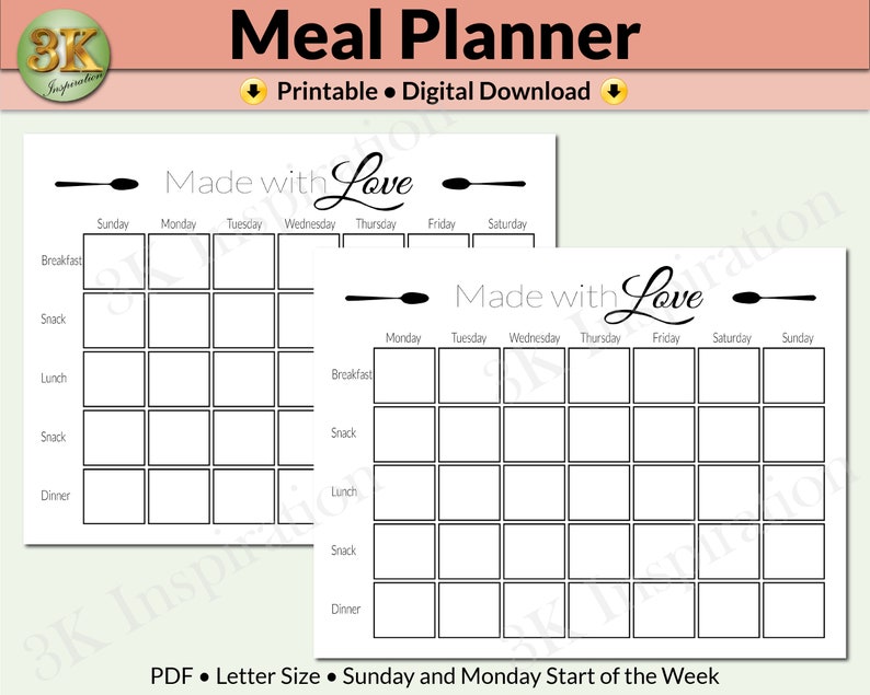 Meal Planner Printable, Weekly Food Diary, Meal Tracker, Food Journal ...