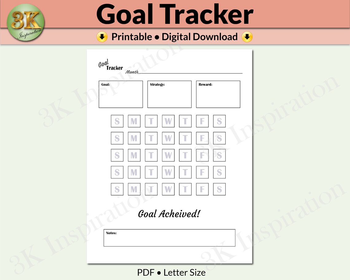 Printable Goal Tracker, Digital Download, Habit Tracker, Monthly Goal ...