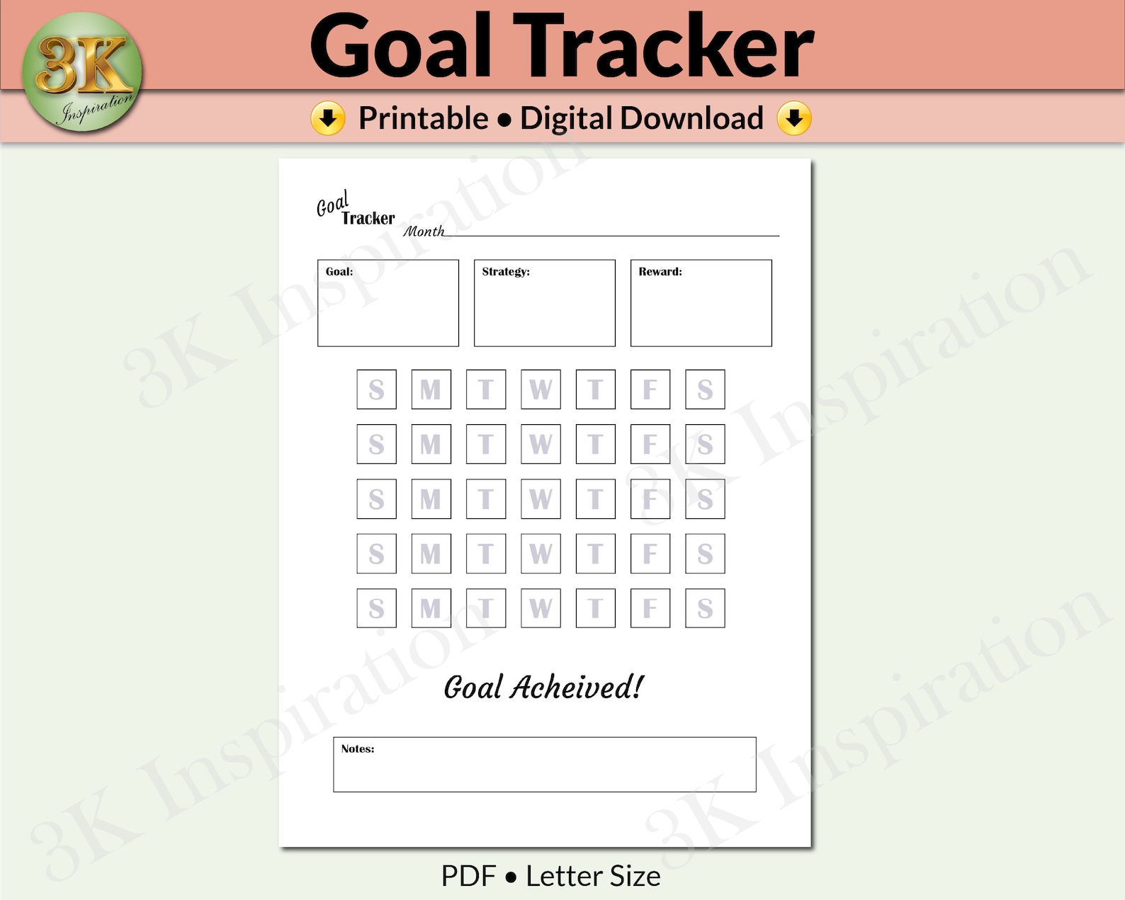 Printable Goal Tracker, Digital Download, Habit Tracker, Monthly Goal ...