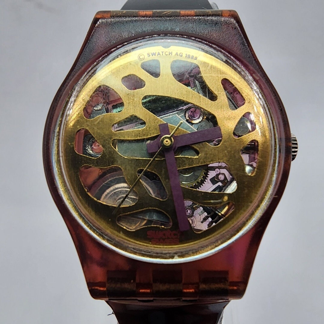 Vintage SWATCH Skeleton Gold Dial Lady 1989 LR109 BEAUJOLAIS Red Watch ...
