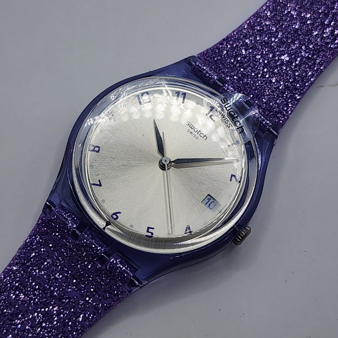 New Swiss Swatch Originals Purple Sparkle Silicone Day Date Watch 33mm ...