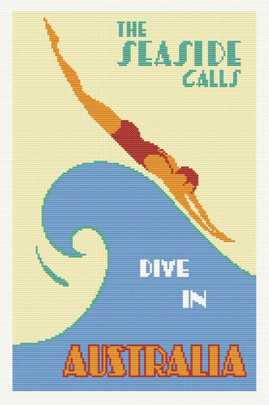 Vintage Seaside Poster, Cross Stitch Pattern, Australian Design, PDF ...