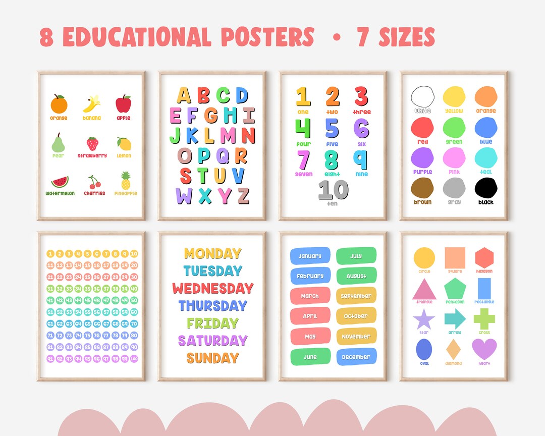 Bundle of 8 Educational Posters Printable Wall Art, Montessori Nursery ...