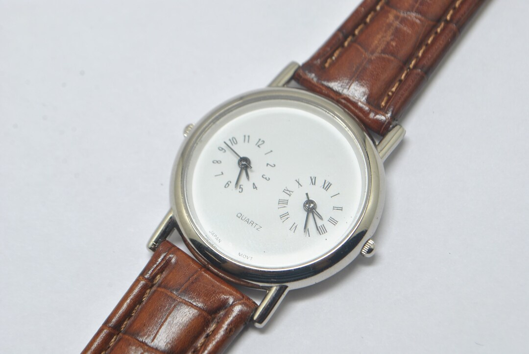 Dual Zone Watch, Dual Movement, Chrome Case With Aviator Leather Strap ...