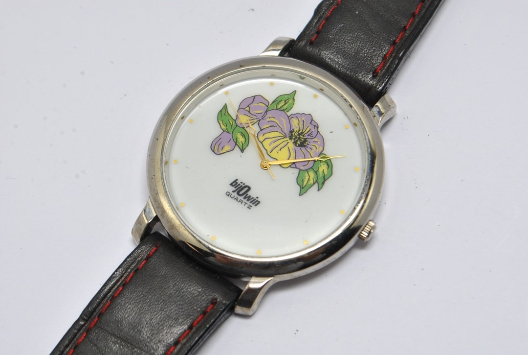 BIJOWIN Chrome Watch White Dial Flowers Black Bracelet With Red ...