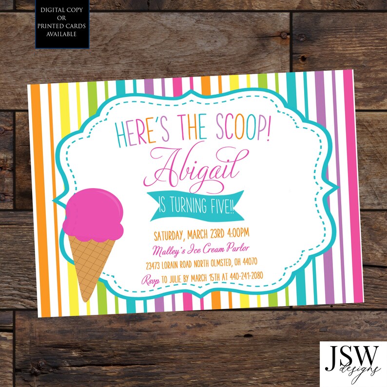 Here's the Scoop Girls Birthday Invitations Scoop Birthday Ice Cream ...