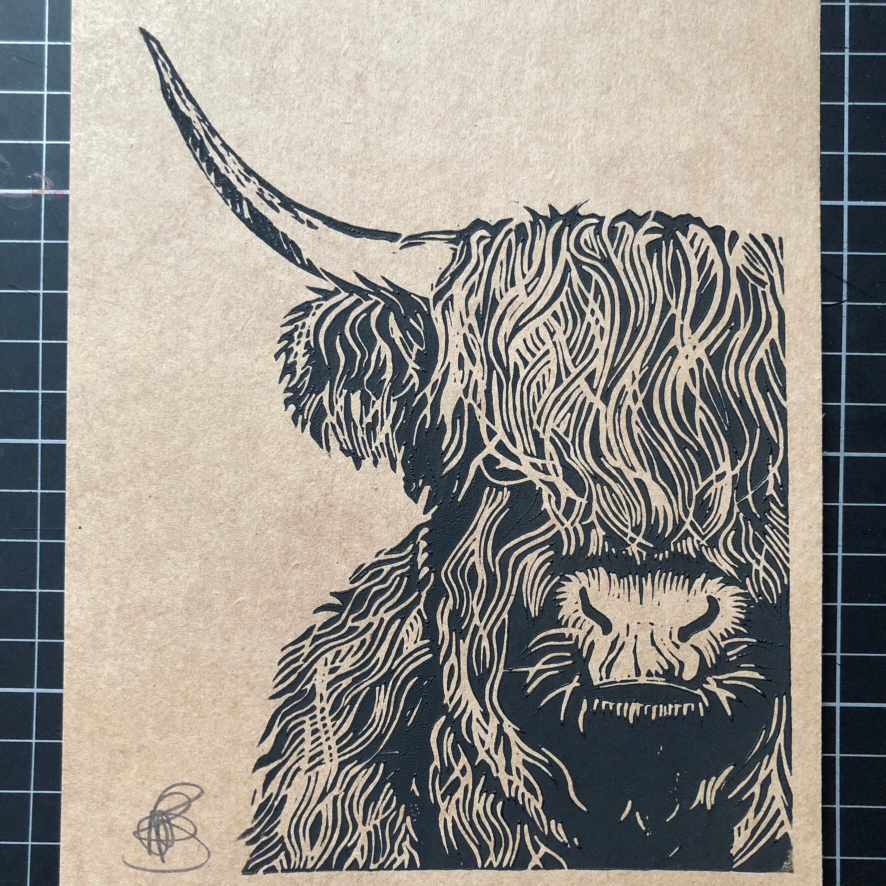 Highland Cow Linocut Print. Black on Brown Card. Signed. A5 Size - Etsy