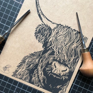 Highland Cow Linocut Print. Black on Brown Card. Signed. A5 Size - Etsy