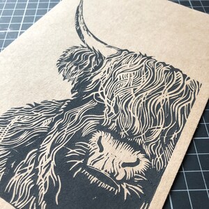 Highland Cow Linocut Print. Black on Brown Card. Signed. A5 Size - Etsy
