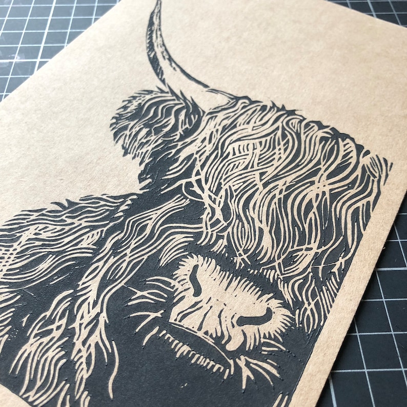 Highland Cow Linocut Print. Black on Brown Card. Signed. A5 Size - Etsy