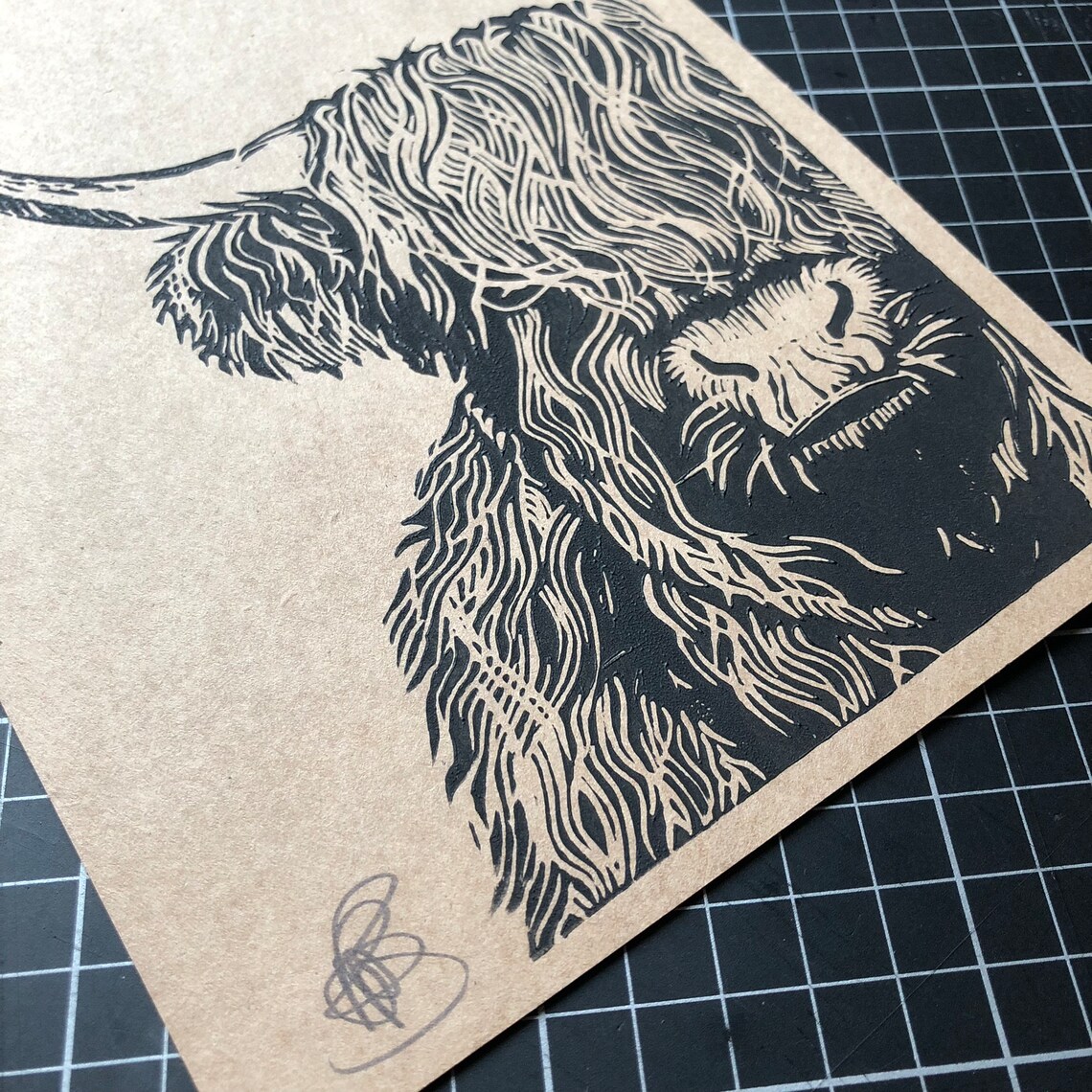 Highland Cow Linocut Print. Black on Brown Card. Signed. A5 Size - Etsy