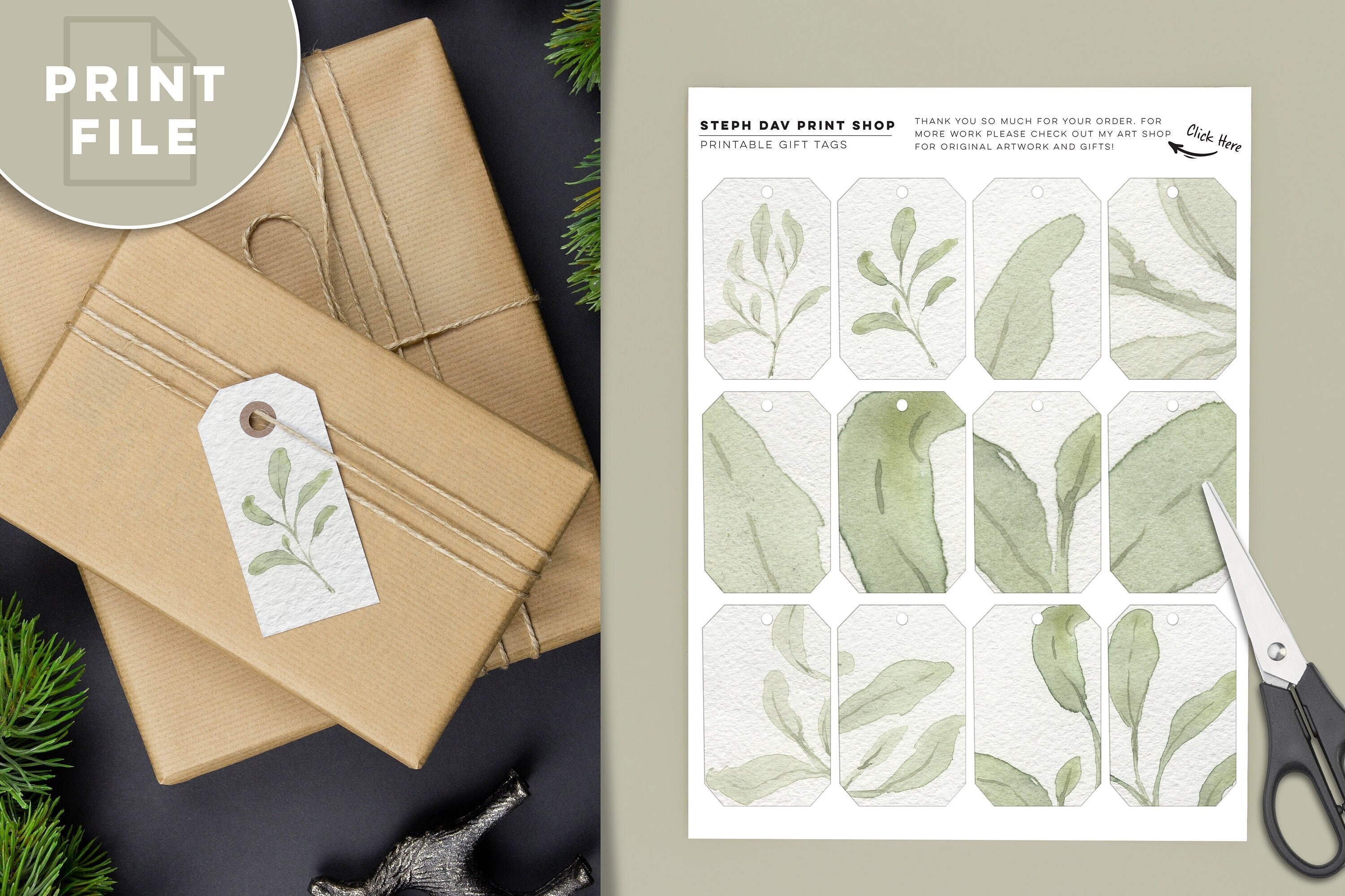 Printable Green Botanical Watercolor Art Gift Tags - Etsy