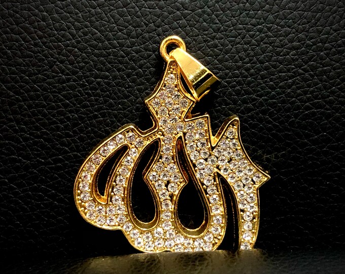 Gold Stainless Steel Allah Inscripted Zircon Pendant for Men and Women ...