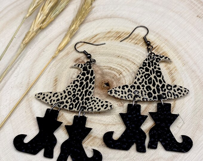 Leopard Suede Leather Witch Hat & Boots Earrings - Etsy