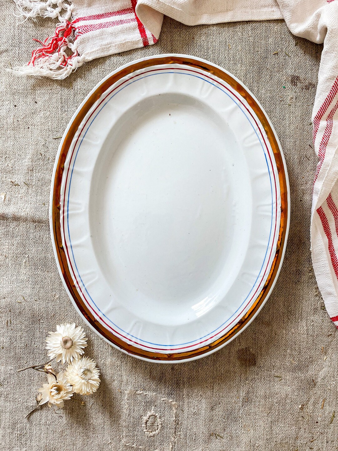 Antique White Ironstone Platter With Copper Luster Band and Pinstripes ...
