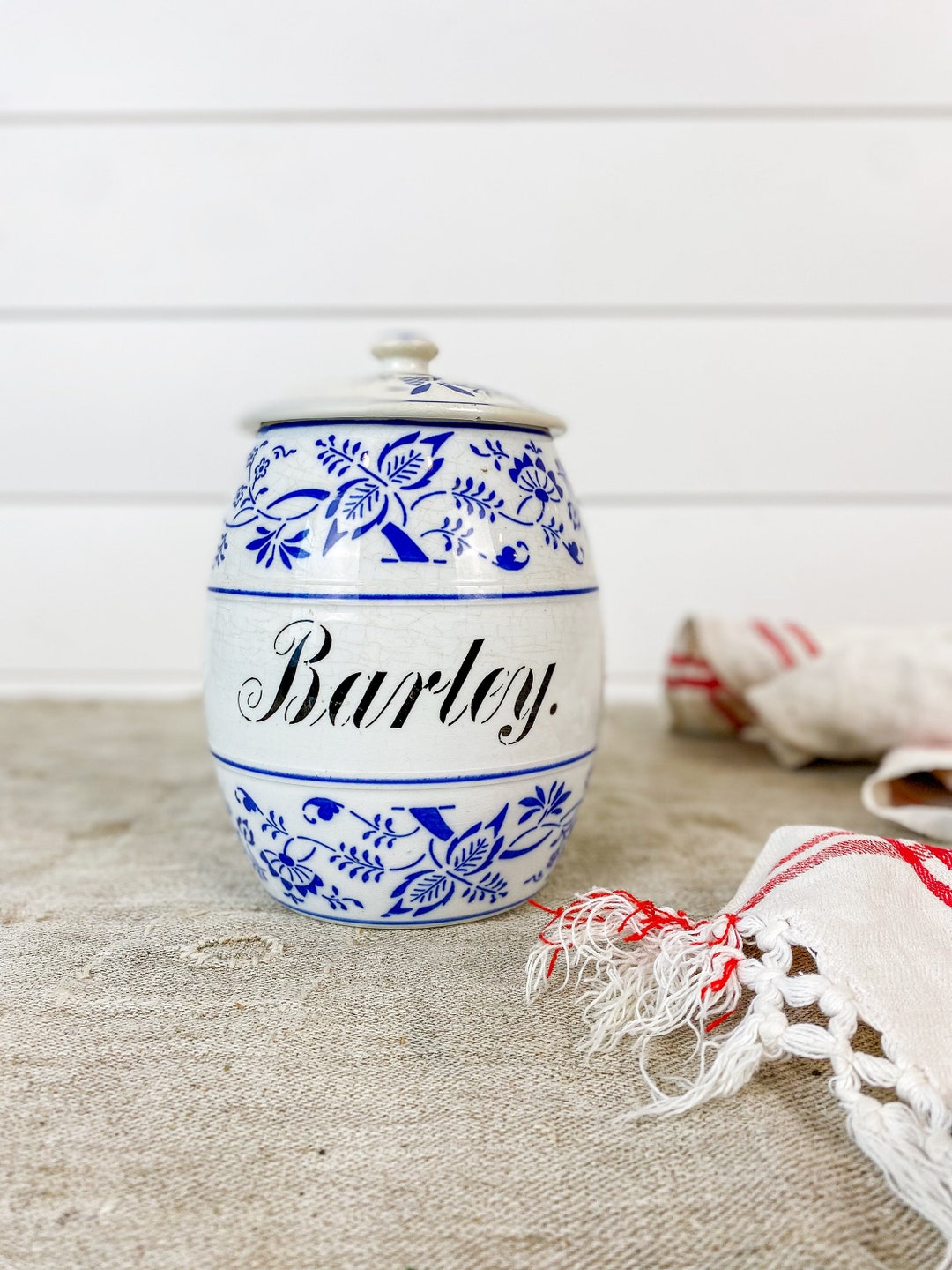 Antique German Blue Onion Ceramic Canister for Barley With Lid, C1900 ...