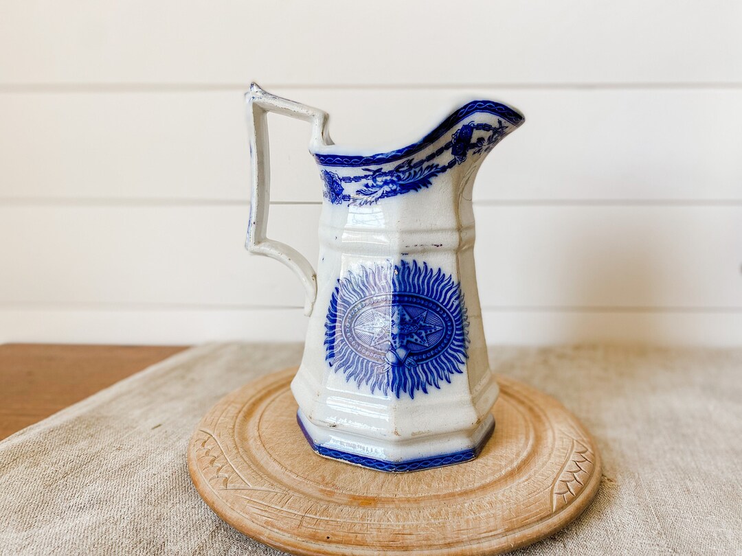 Antique Early Flow Blue Ironstone Water Pitcher With Unusual - Etsy UK
