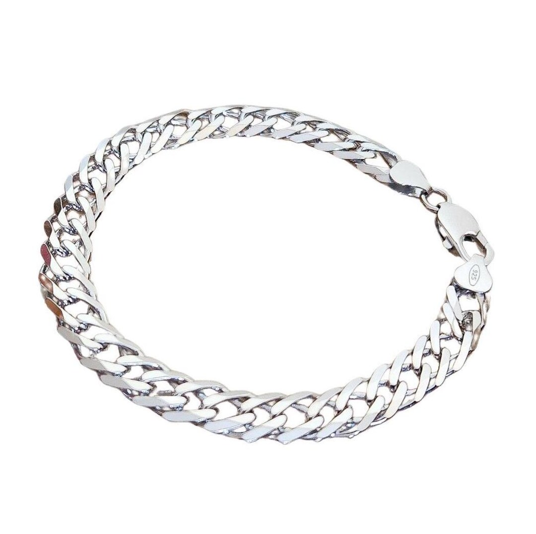 Elegant Rhodium Plated Rombo Chain Bracelet in Sterling Silver 8.7mm Wide-minimalist Jewelry ...