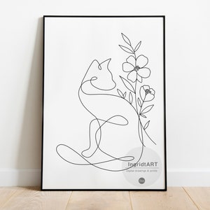 Cat Line Art, Flower One Line Drawing, Cat Drawing, Pet Printable Art ...
