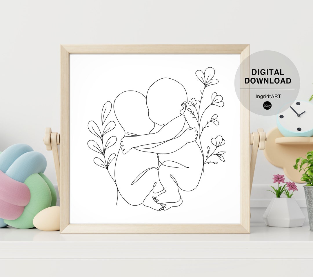 Baby Twins Siblings Hug, Flowers Line Art, Printable Art, Newborn ...