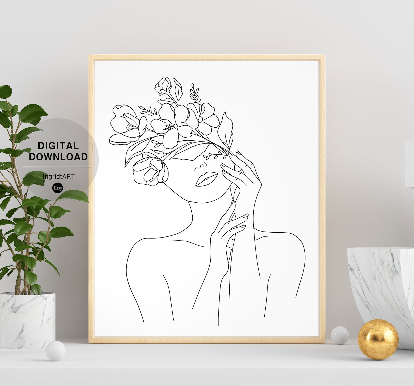 Flower Woman Line Art, Female Portrait, Minimalist Wall Art, Woman Line ...