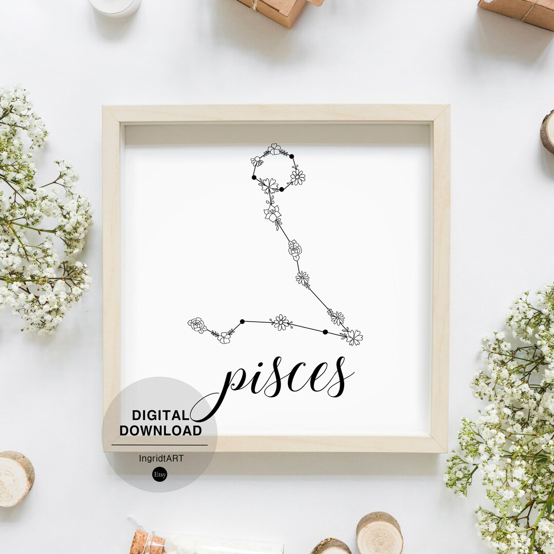 Pisces Constellation Star Map Zodiac Star Sign Horoscope Flower Line ...