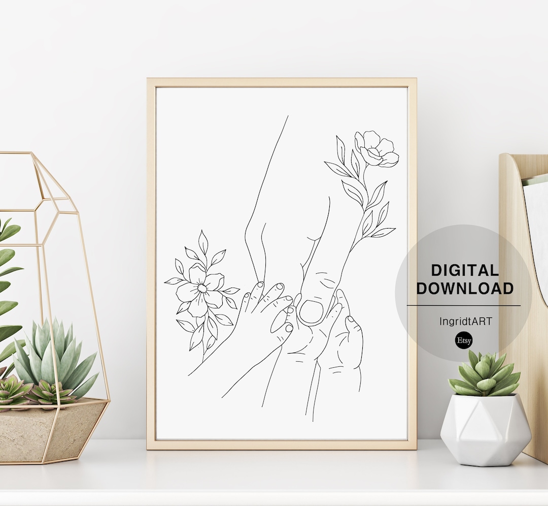 Mother and Triplets Hands Drawing, Flowers Line Art, Printable Art ...