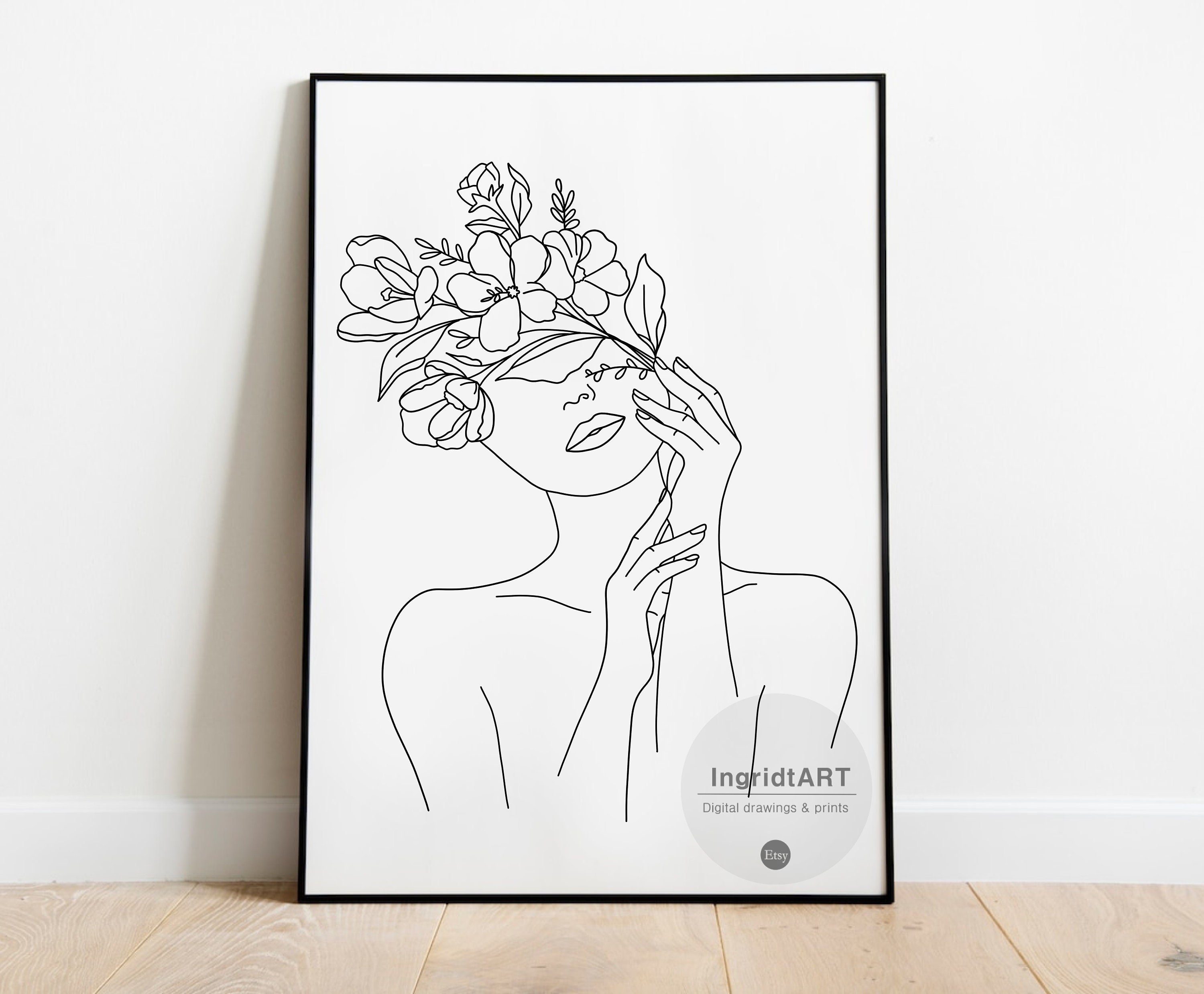 Flower Woman Line Art, Female Portrait, Minimalist Wall Art, Woman Line ...