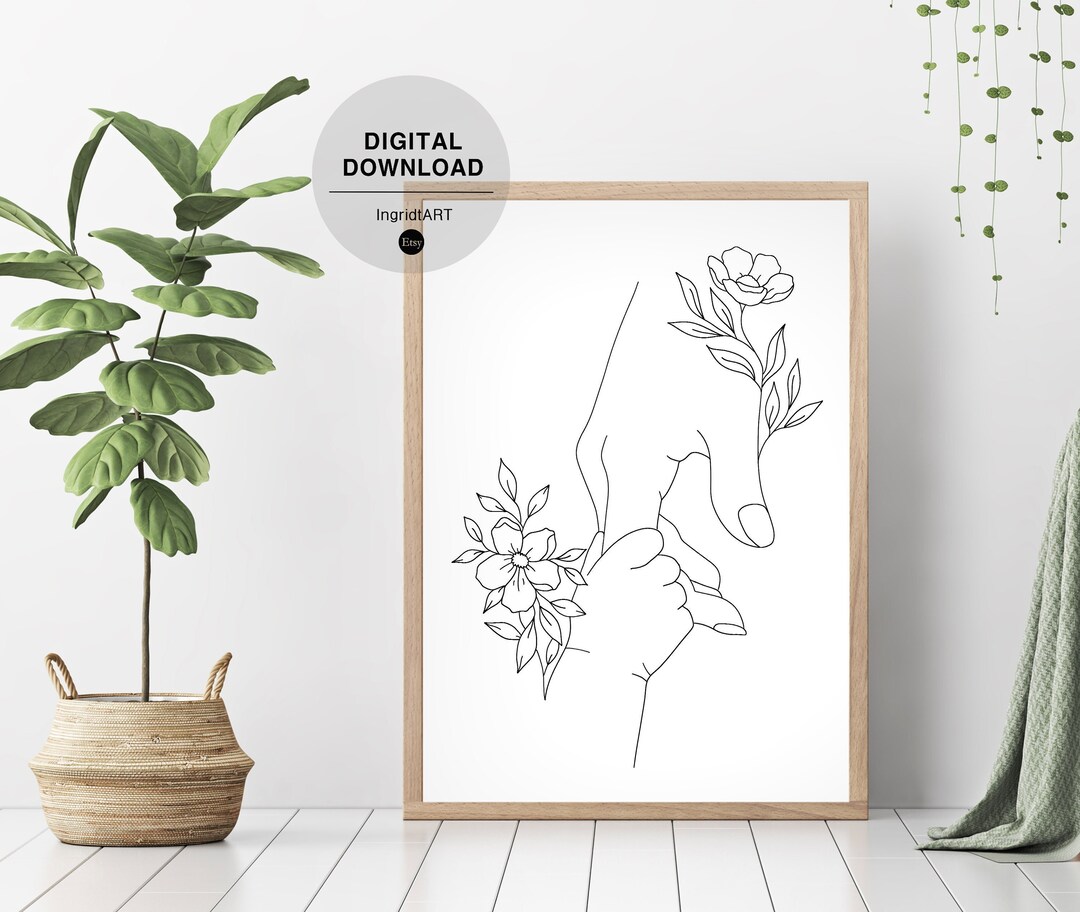 Mother and Child Hands Drawing, Flowers Line Art, Printable Art ...