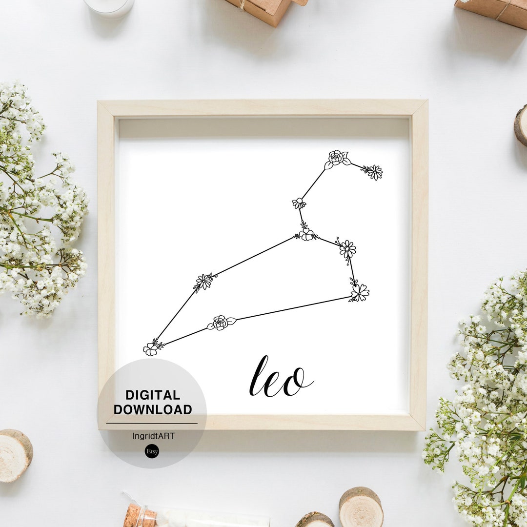 Leo Constellation Star Map Zodiac Star Sign Horoscope Flower Line Art ...