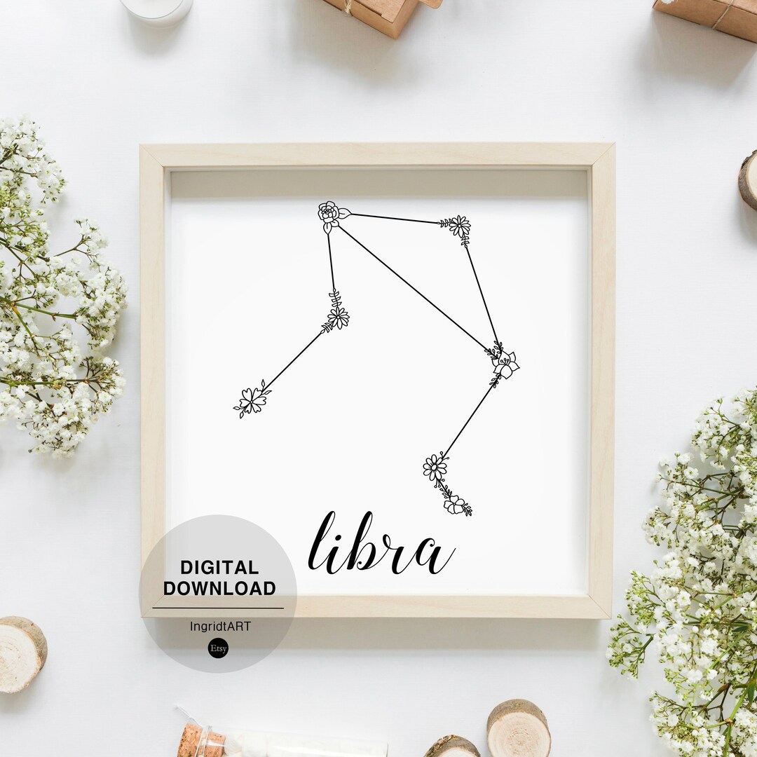 Libra Constellation Star Map Zodiac Star Sign Horoscope Flower Line Art ...