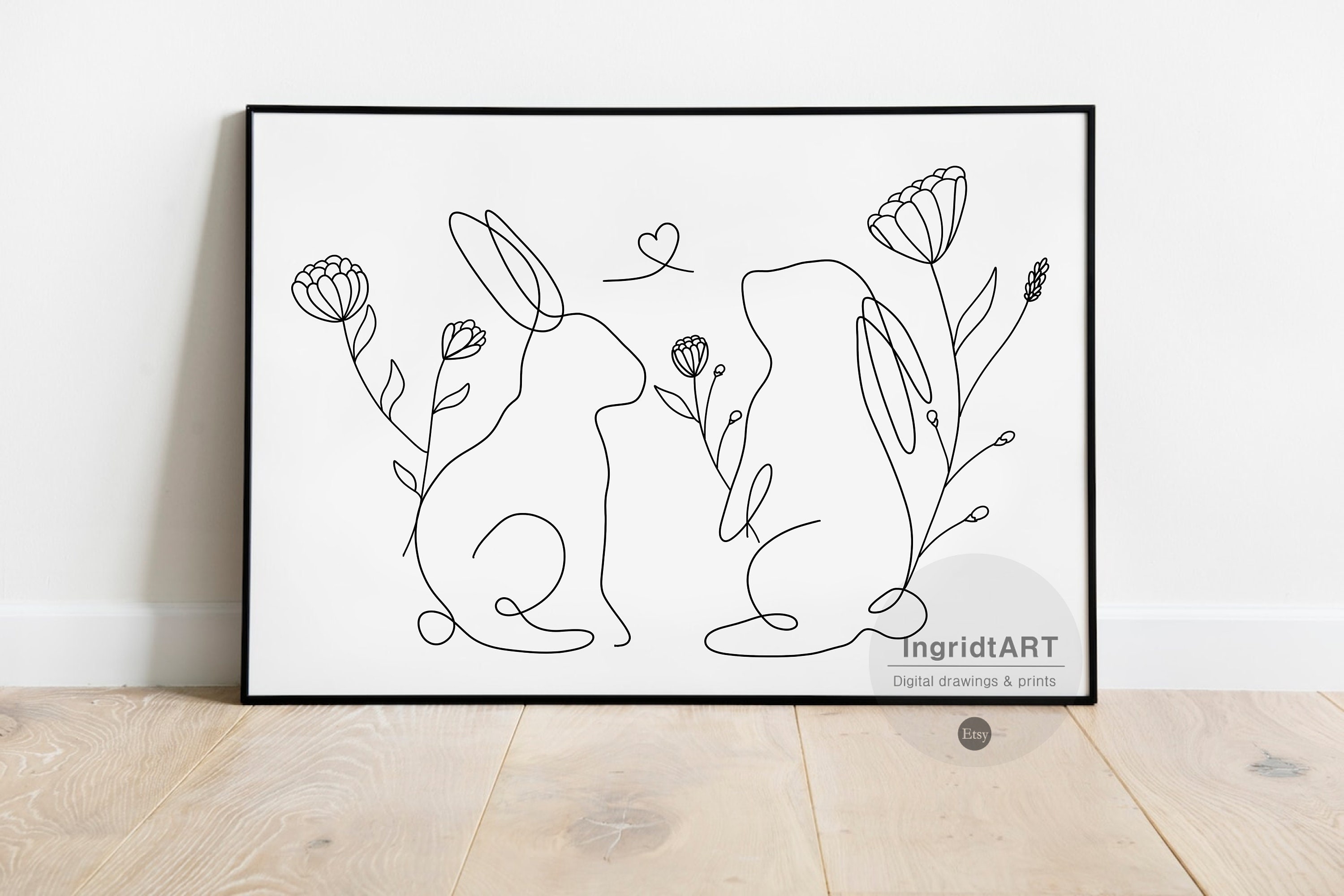Rabbit Line Drawing, Flower Line Art, Easter Art, Easter Decor, Bunny ...