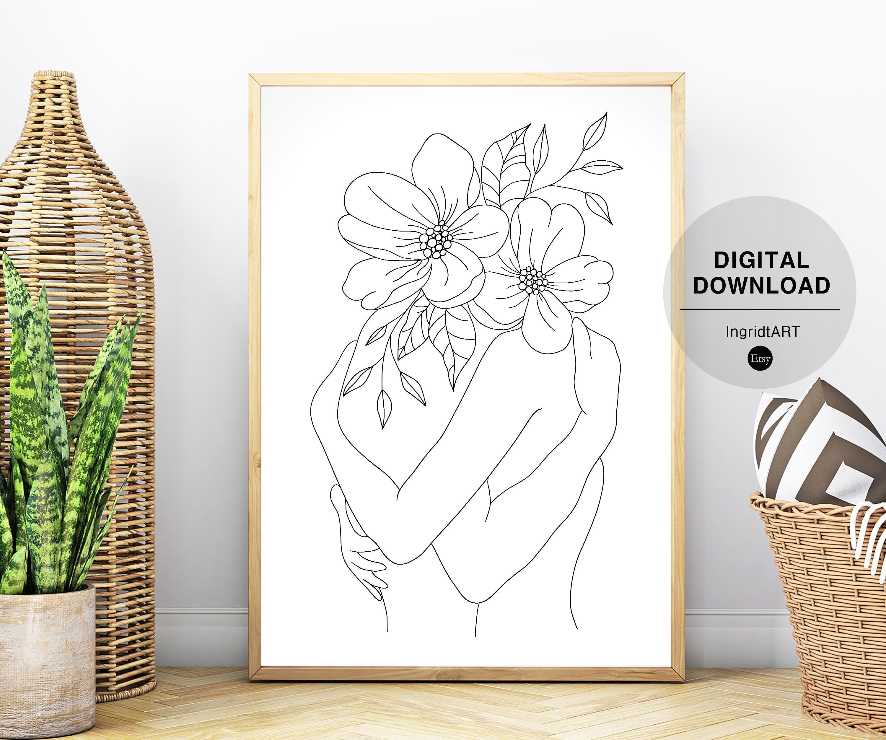 Couple Hug Line Art, Printable Wall Art, Friends Hug Art, Flower Line ...