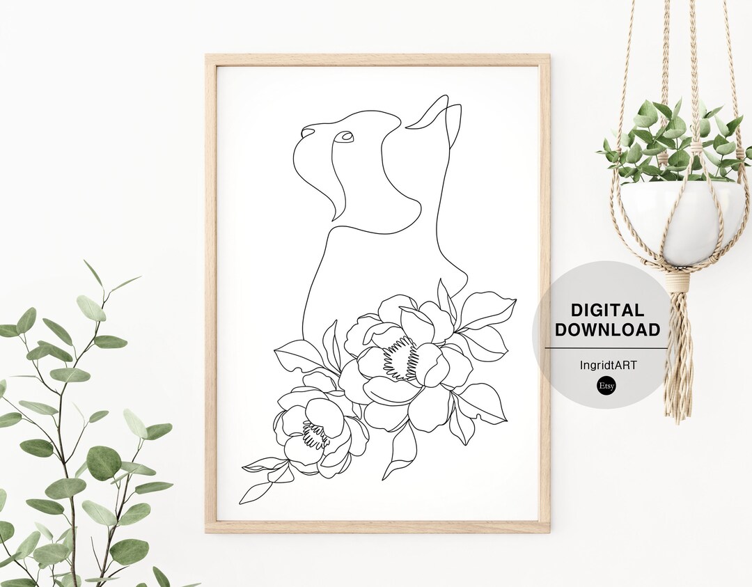 Cat Line Drawing, Flower Line Art, Cat Drawing, Pet Printable Art ...