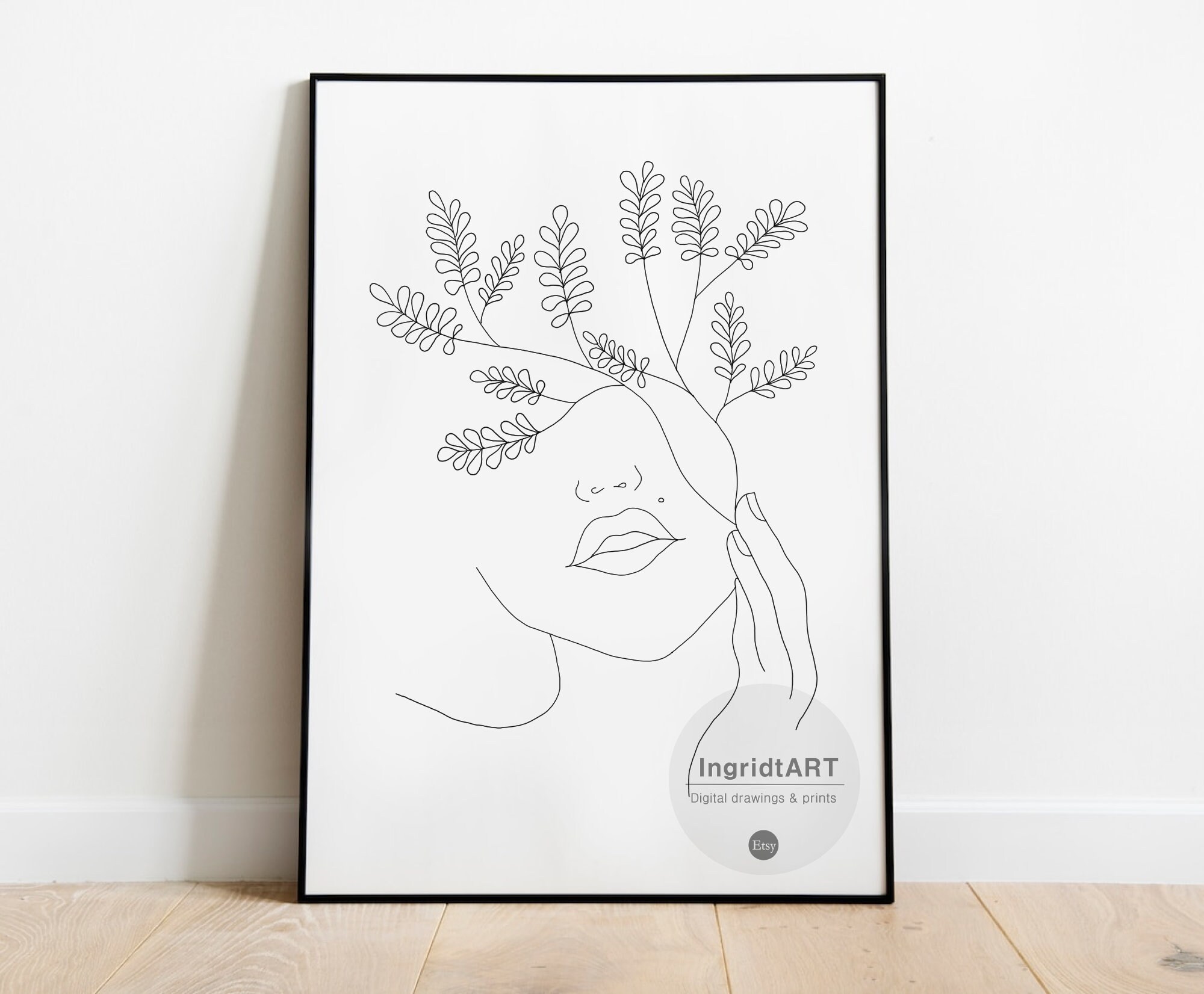Botanical Plant Line Art, Female Portrait, Minimalist Wall Art, Woman ...