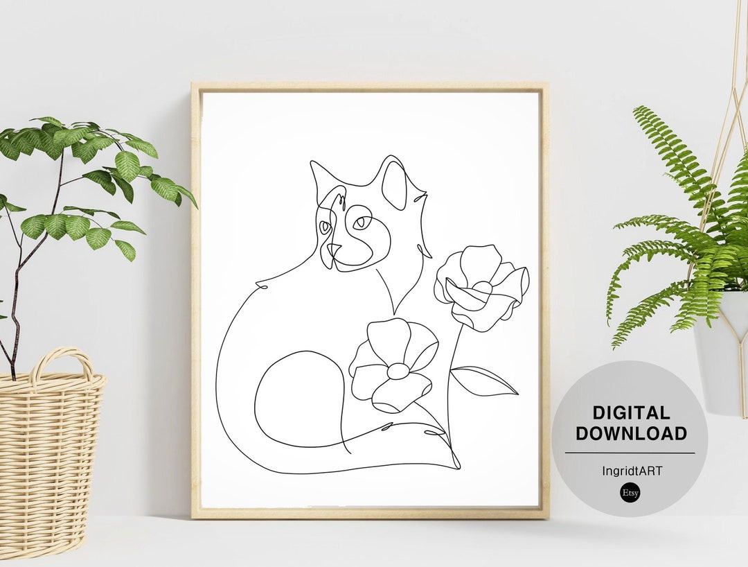 Long Haired Cat Line Art, Flower Line Drawing, Cat Drawing, Pet ...