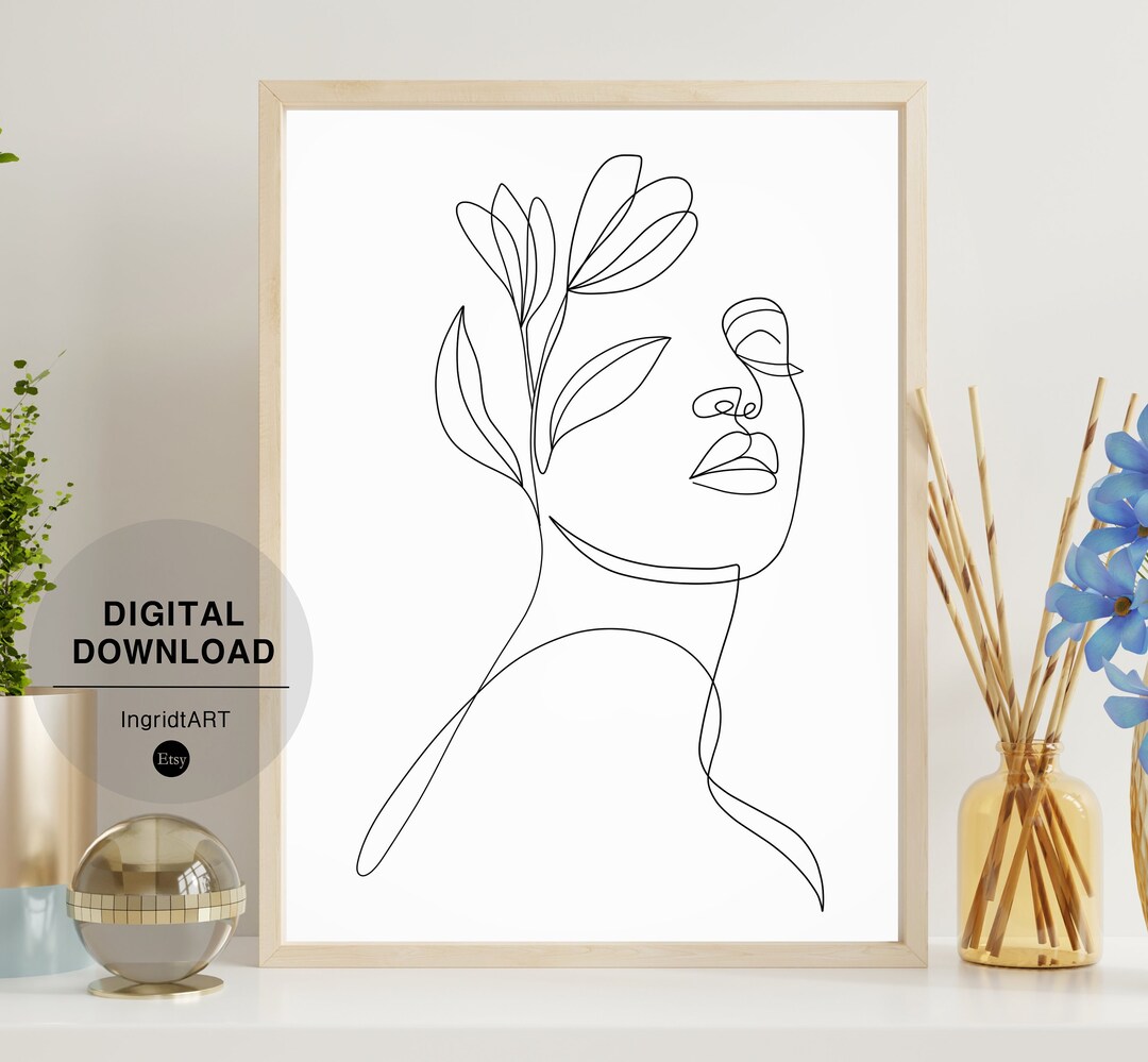 Flower Woman Line Art, Female Portrait, Minimalist Wall Art, Beauty ...