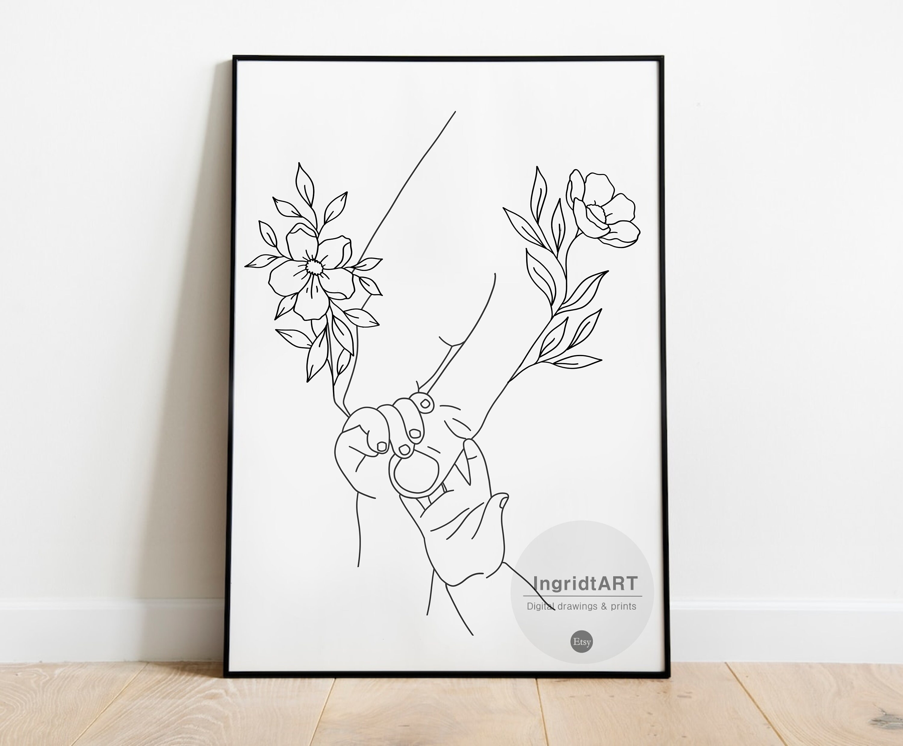 Mother and Twins Hands Drawing, Flowers Line Art, Printable Art ...