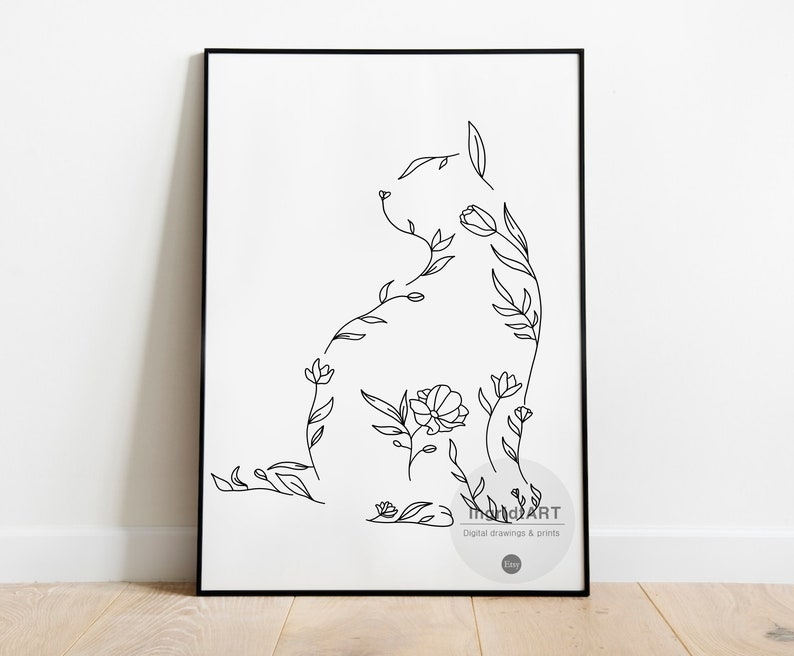 Flowers Cat Line Art, Flower One Line Drawing, Cat Drawing, Pet ...